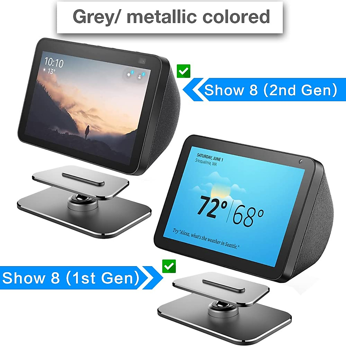 ezbnb Echo Show 8 Stand | Adjustable Aluminum Stand for Echo Show 8 Full Metal 360 Degree Swivel and up Down tilt Rotatable Holder with Strong Magnetic Attachment (Gray)