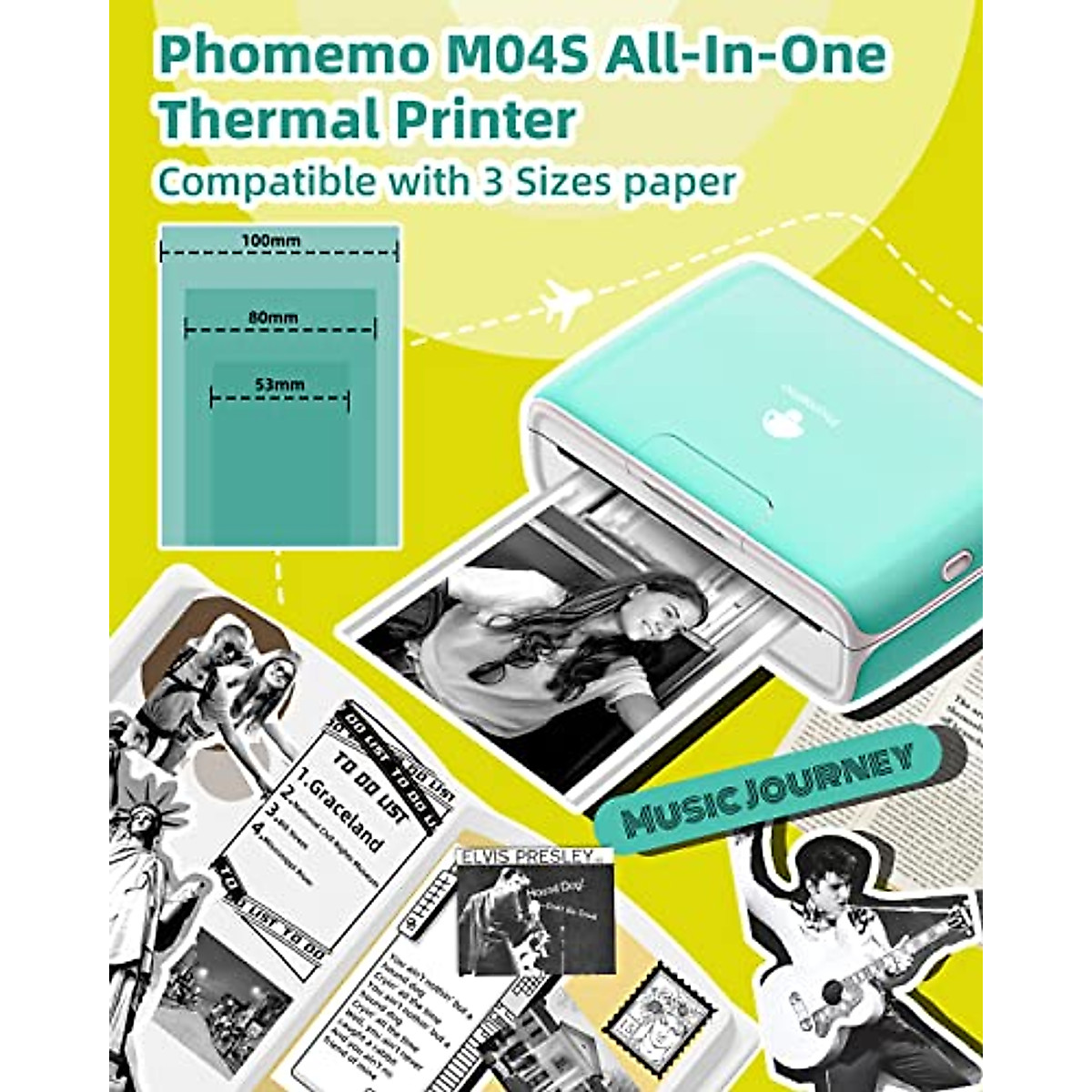 Phomemo M04S Wireless Portable Printer- Thermal Printer Sticker Printer with White Non-Adhesive Thermal Paper 110mm for Phomemo M04S/M04AS Portable Printer, Black on White, 110mm x 6.5m, 3 Rolls