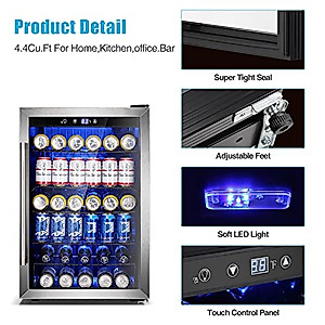 R.W.FLAME 37 Bottles Beverage Refrigerator, Mini Fridge with Stainless Steel Glass Door, Freestanding Wine Cellar, Fast Cooling Bar Fridge, Digital Temperature Control, Low Noise, 4.4cu.ft