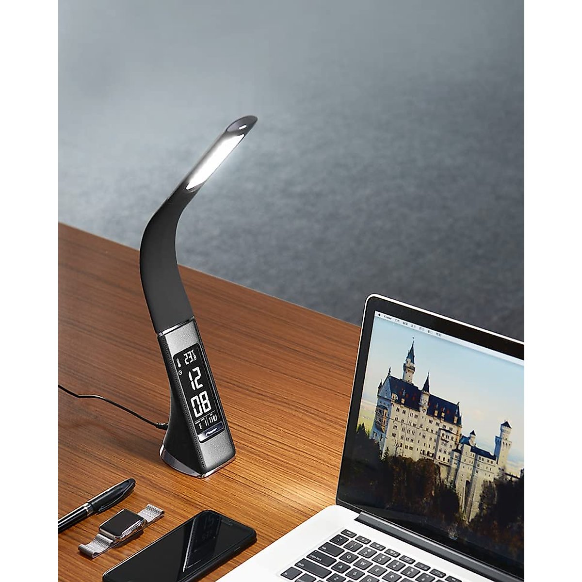 Yuphy Desk Lamp with Clock, Office Desk Gift Ideas, Compact Desk lamp for Dorm and Home Office, Touch Table Lamp with Flexible Gooseneck and Versatile Smart Display-Black