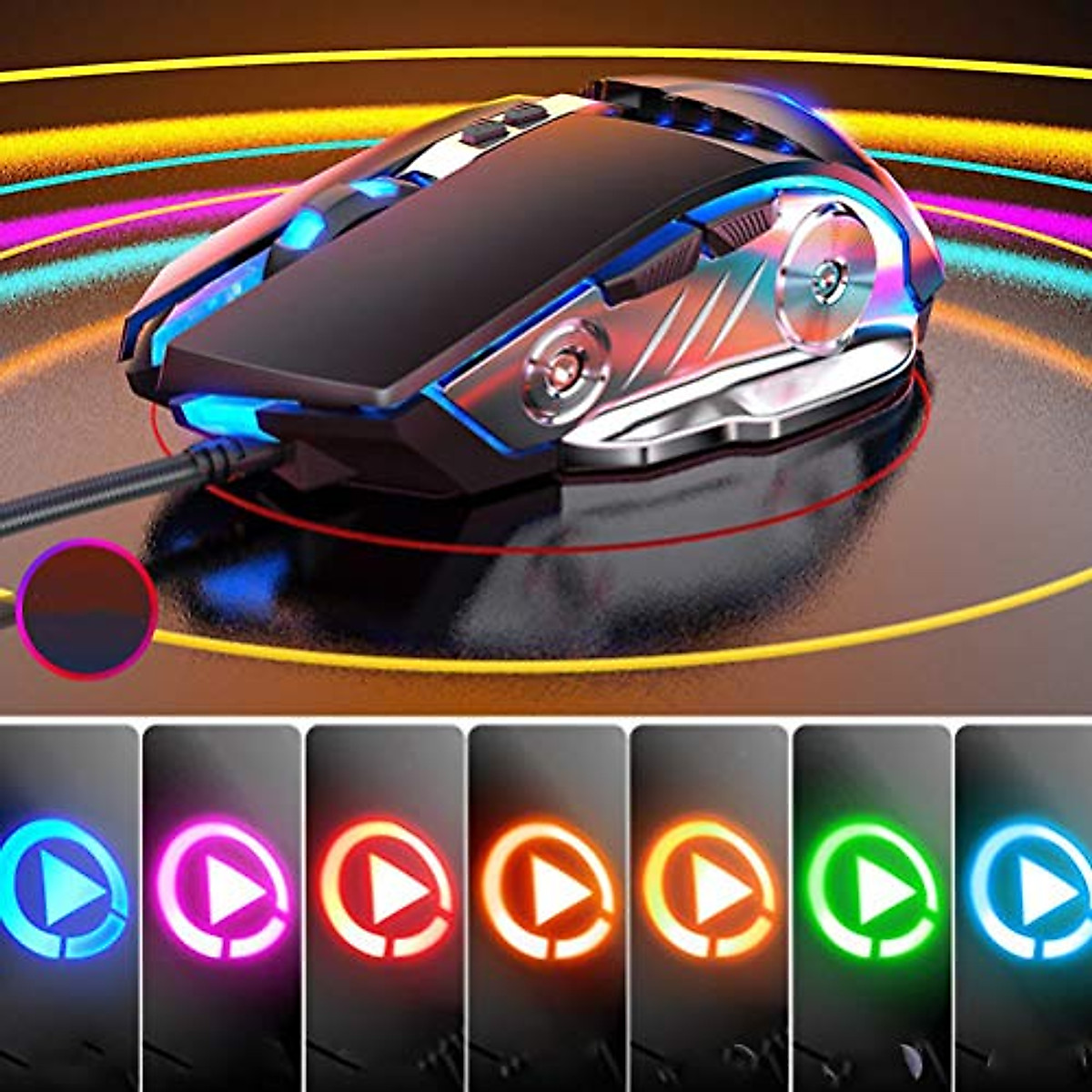 Silent Gaming Mice Mice Portable PC Silent Wired RGB Gaming with 7 Color Backlight PC Computer Gaming Mice for Windows PC Gamers (Black) Mouses Portable Pc Office Pc
