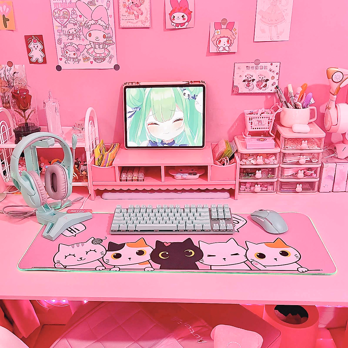 Pink Kawaii Cat RGB Gaming Mouse Pad 31.5x12 Inch PC XL Large Extended Glowing Led Light Up Cool Mouse pad Desk Pad Non-Slip Rubber Jmiyav Computer Mouse Pad Cute Mousepad Mat 31.5x12 Inch