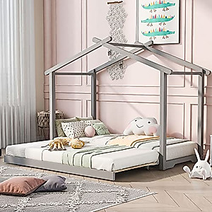 KoiHome Twin Size/King Size Low House Platform Bed with Trundle, Solid Wood Floor Bed Frame with Support Slat for Kids,Teens Bedroom, Roof Design, Creative & Funny, No Box Spring Need, Gray