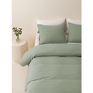 MUKKA Sage Green Duvet Cover Set Queen Size with Bowknot Closure 3 Pieces Washed Microfiber Duvets Set Boho Style for Girl Men Women