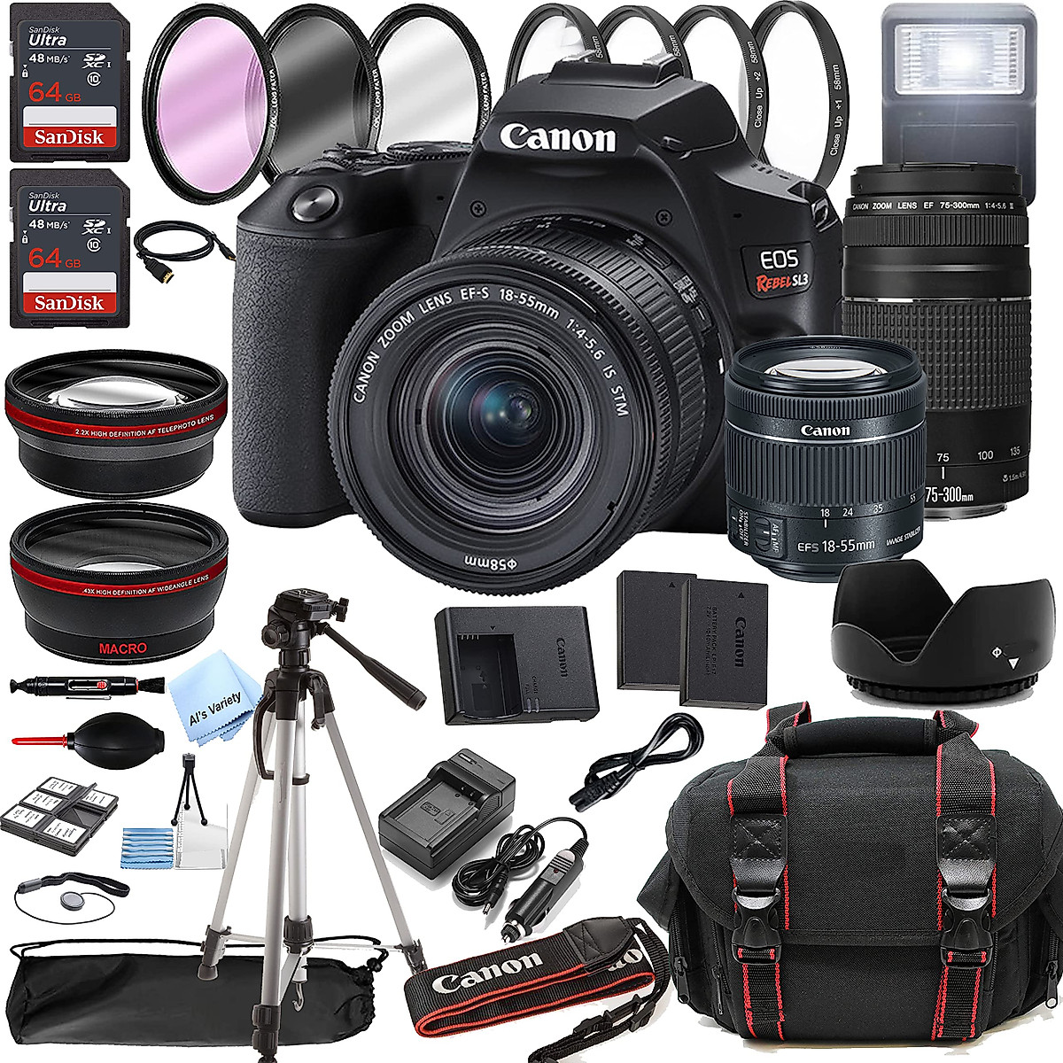 Canon EOS Rebel SL3 DSLR Camera w/EF-S 18-55mm F/4-5.6 is STM Zoom Lens + 75-300mm F/4-5.6 III Lens + 128GB Memory + Case + Tripod + Filters (38pc Bundle) (Renewed)