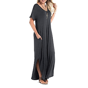 Arolina Women's Summer Maxi Dress Short Sleeve V Neck Casual Loose Long Beach Split Dresses with Pockets Dark Grey