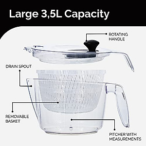 Joined Small Salad Spinner with Rotary Handle, Measuring Jug and Colander - Quick and Easy Multi-Use Lettuce Spinner, Vegetable Dryer, Fruit Washer, Pasta and Fries Spinner - 3.7 Qt