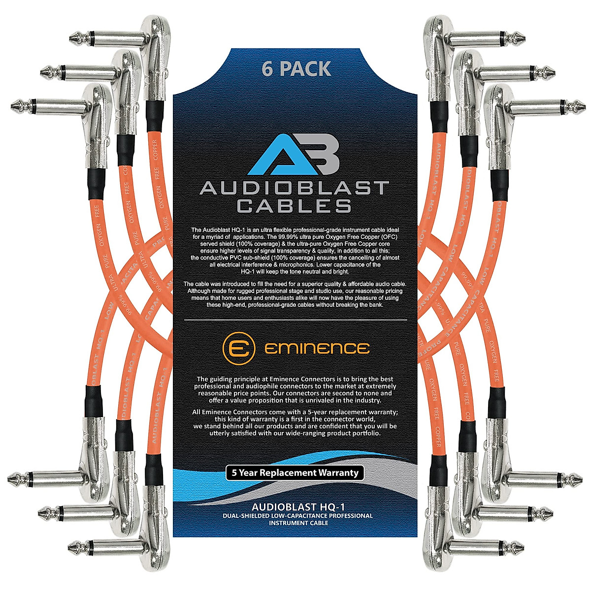 Audioblast - 6 Units - 6 Inch - HQ-1 (Orange) - Ultra Flexible - Dual Shielded (100%) - Instrument Effects Pedal Patch Cable w/ ¼ inch (6.35mm) Low-Profile, R/A Pancake TS Plugs & Dual Staggered Boots