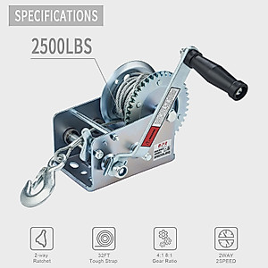 OPENROAD 2500LB Boat Trailer Winch-32FT Steel Cable, Heavy Duty Hand Winch with 2-Way Ratchet 4:1/8:1 Gear System - Ideal for Boats, Trailers, RVs, ATVs, and Jet Skis