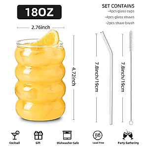 KEMORELA 18oz Wave Shape Beverage Glasses With Straws,Vintage Glass Cups Wine Mugs Of 4 Set, Ripple Drinking Glasses,for Juice Beer Wine Champagne Cocktail Home Kitchen Bar Mixed Drinks (4PCS-Clear)