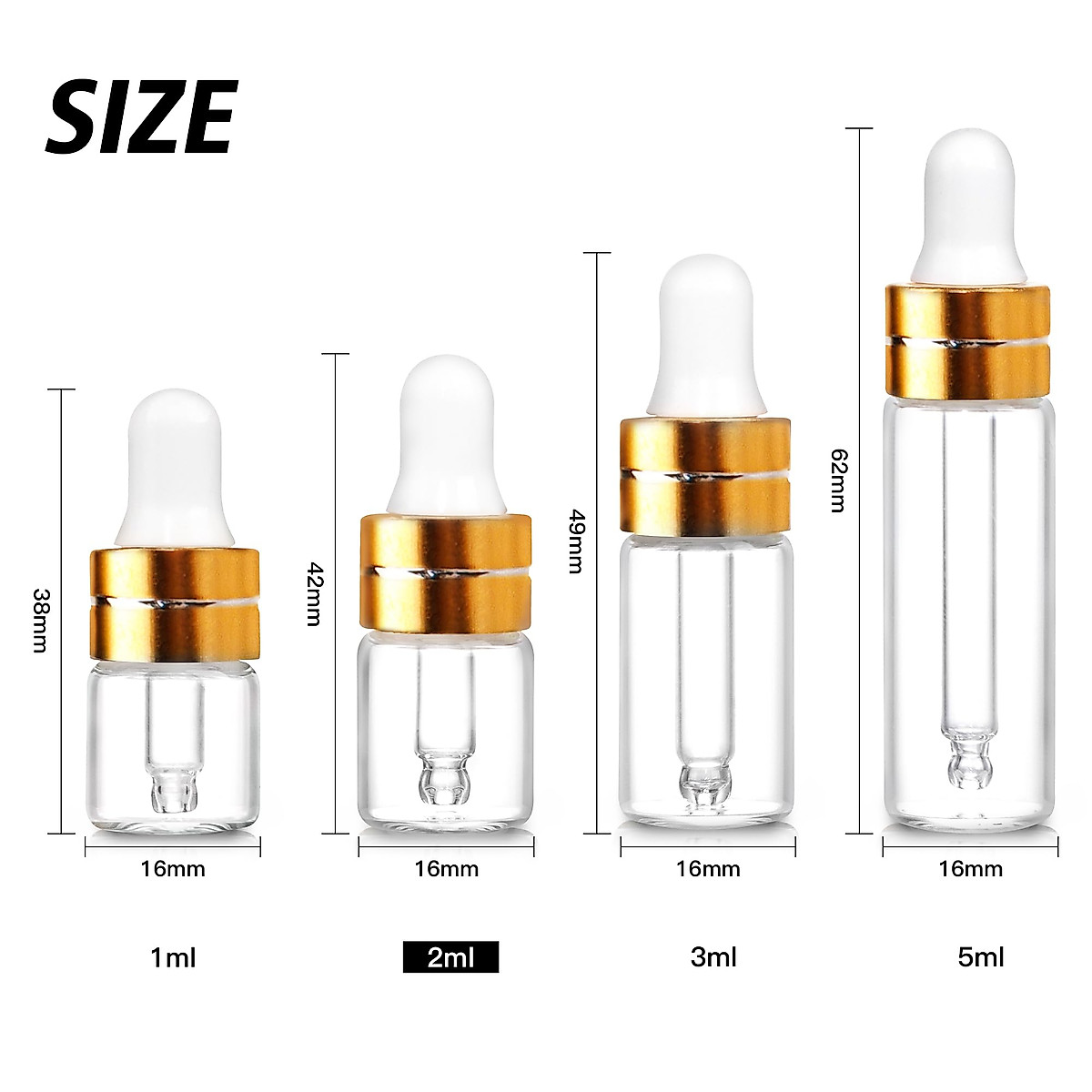 Comrzor 50 Pack 2ml Clear Glass Dropper Bottles with 2 Pcs Plastic Droppers, Mini Sample Dropper Bottles for Essential Oils Perfume Cosmetic Liquid, Empty Travel Sample Vials with Gold Cap