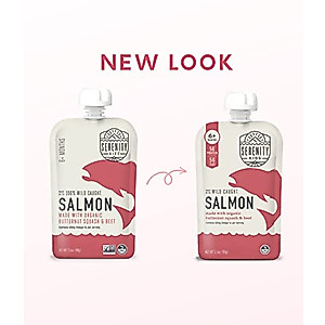 Serenity Kids 6+ Months Baby Food Pouches Puree Made With Ethically Sourced Meats & Organic Veggies | 3.5 Ounce BPA-Free Pouch | Wild Caught Salmon, Butternut Squash, Beet | 6 Count