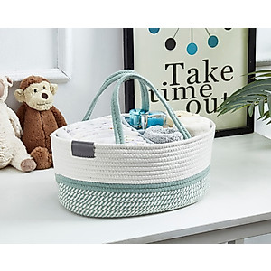 DECOMOMO Green Diaper Caddy, Nappy Caddy, Woven Baby Basket (Sage Green & White, Large)