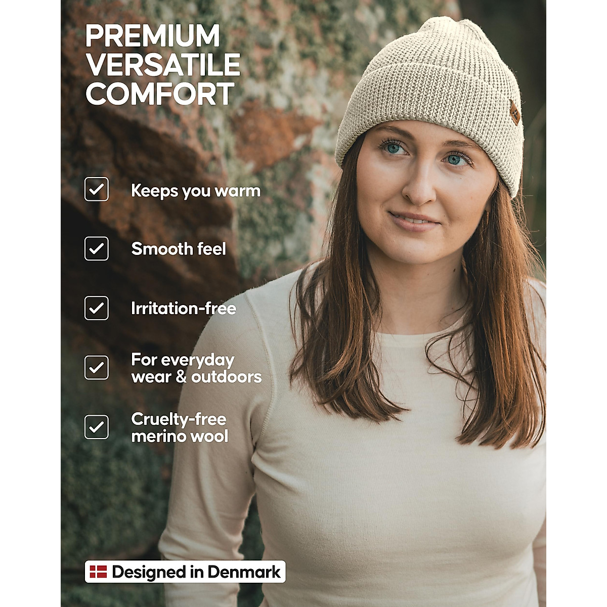 DANISH ENDURANCE Merino Wool Beanie for Men & Women, Knitted Winter Hat, White, One Size