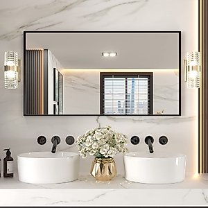 LOAAO 55"X30" Black Rectangle Bathroom Mirror Wall, Matte Black Aluminum Alloy Frame, Tempered Glass, Hangs Vertically or Horizontally, Easy to Install