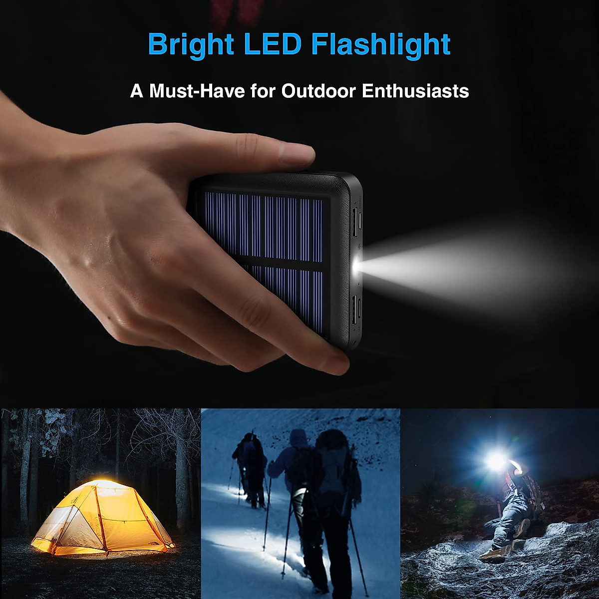 Solar Power Bank 12000mAh,Small Solar Charger Built in 4 Cables,USB C Input/Output,Dual Flashlight External Battery Portable Charger Power Bank for iPhone15/14/13/12/11/10/9/8,Tablet,Samsung (black)