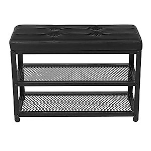 NA with Soft Cushion Stool Three-Layer Shoes Stool Frame 3-Layer Shoe Rack for Entrance PU Leather Metal Frame Suitable for Living Room Corridor 70 × 30 × 45cm Black