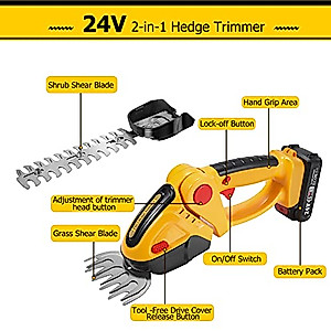 Cordless Grass Shear & Hedge Trimmer, 2 in 1 Handheld Shrubbery Trimmer Electric Grass Cutter, Lightweight Hedge Clipper with Rechargeable Battery and Charger for Garden and Lawn