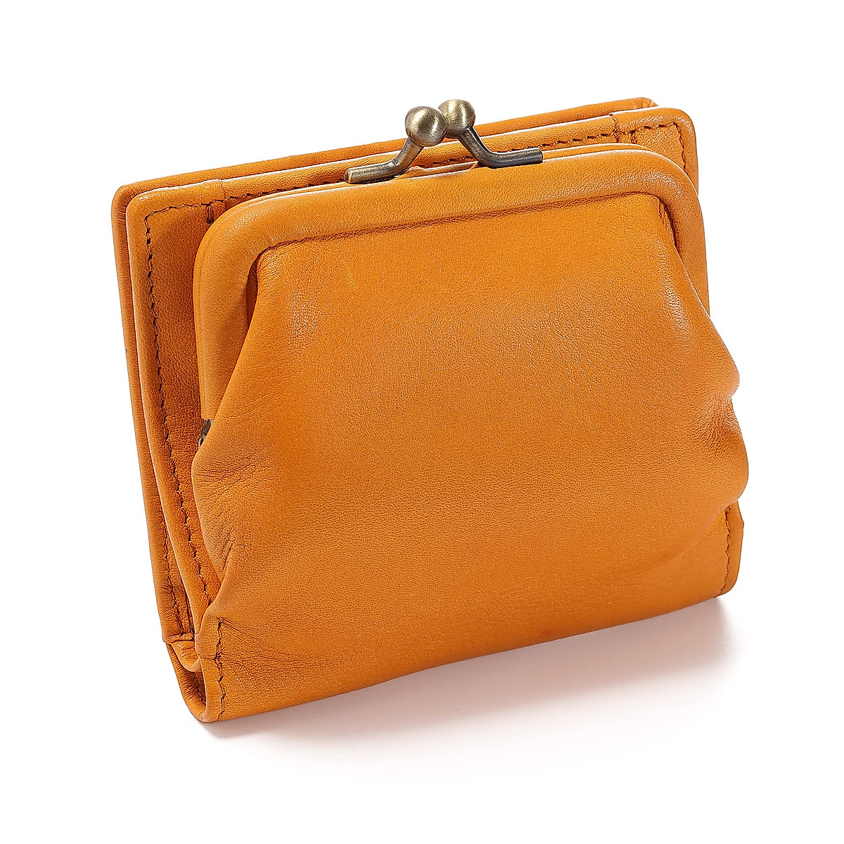 IJUN Full Grain Leather Bifold Small Wallet with Kiss Lock Coin pocket Genuine Leather Vintage Italian Oiled Vegetable Tanned Leather