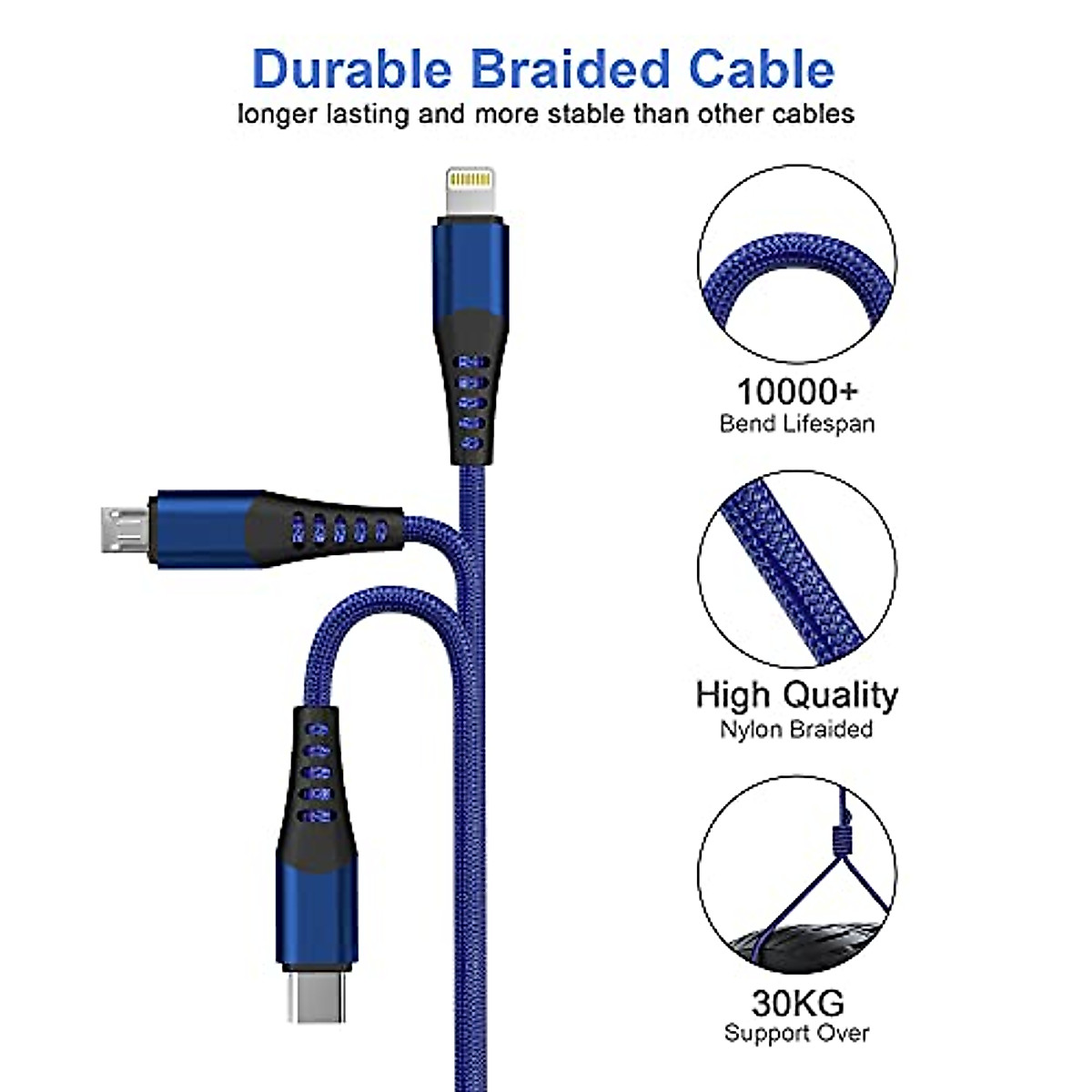 Bawanfa Multi 3 in 1 USB Long Charger Cable, 3M/10Ft 6A PD Fast Braided Charging Cord, Universal Multiple Ports Long Charging Cable with USB C/Micro USB/Lightning Connector