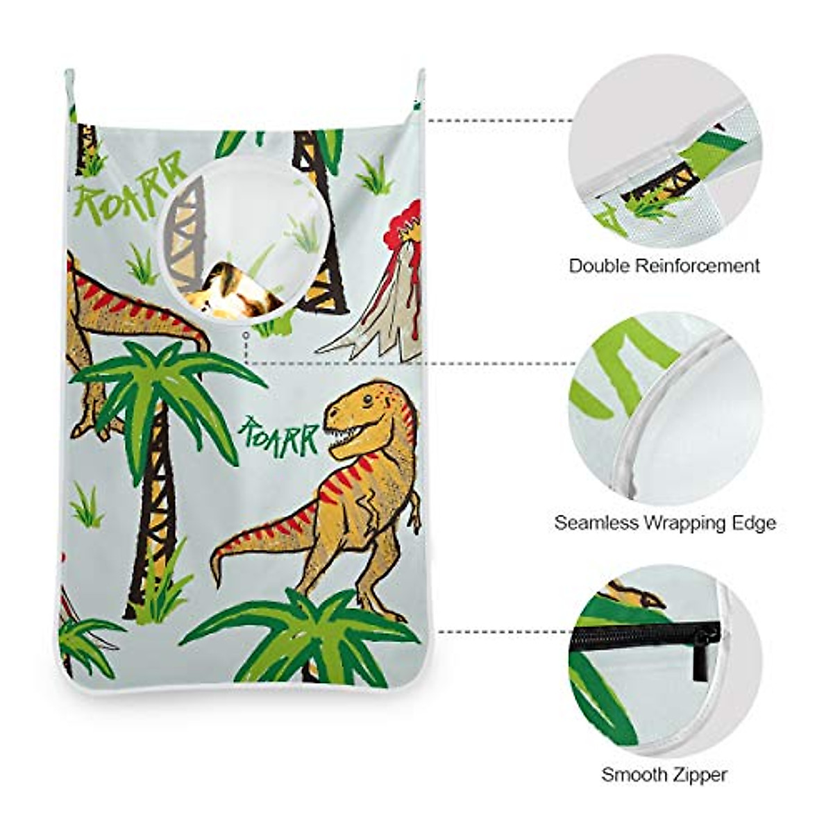 hengpai Kids Cute Hanging Laundry Hamper Bag Dirty Clothes Bag Basket Fabric Wash Bag with Door Wall Hooks,Dinosaur