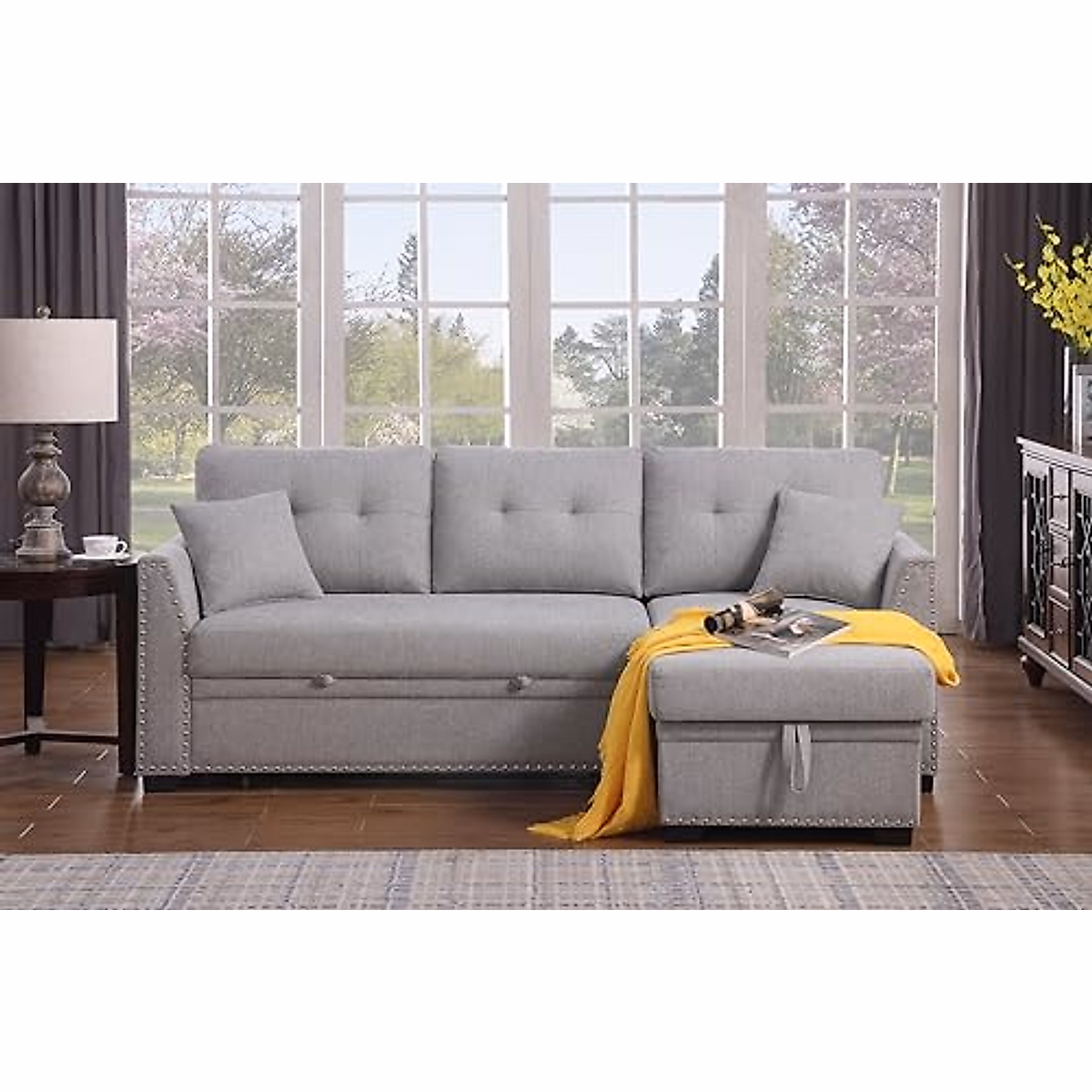 Generic Sleeper Sofa, Sofa Bed- 2 in 1 Pull Out Couch Bed with Storage Chaise with 2 Pillows for Living Room, Linen Fabric Sofa Sleeper with Pull Out Bed Couch,Light Grey