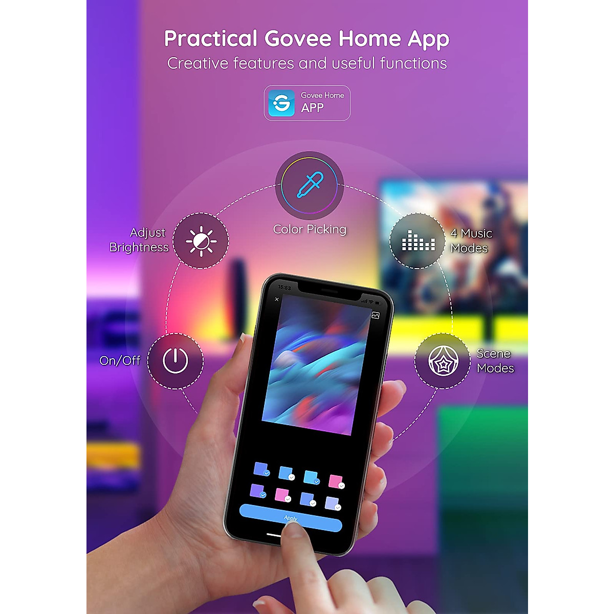 Govee RGBIC TV LED Backlight, LED Lights for TV with APP Control, Music Sync, Scene Modes, 6.56FT RGBIC Color Changing Strip Lights for 30-50 inch TVs, USB Powered