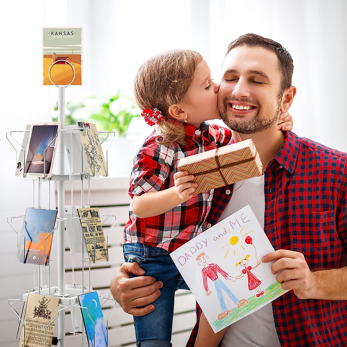 12 Pockets Countertop Rotating Greeting Card Rack with 200 Clear Resealable Polypropylene Bags 3 Tier Metal Display Stand Spinning Floor Stand Pocket Rotating Holder for Stickers Showcase (White)