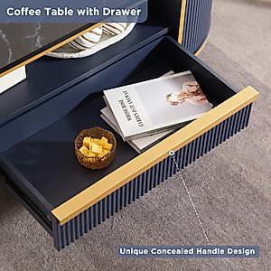 OKD Modern Coffee Table, 48" Oval Coffee Table with Storage, Sliding Drawer, Open Shelf, Center Table for Living Room, Dark Blue