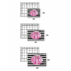 Outdoor Rug 4' x 6', Thanksgiving Fall Large Area Rugs for Patio/RV/Deck/Porch/Indoors, Black and White Striped Pink Pumpkin Water Absorption Camping Rug Carpet, Lightweight Washable Rug Runners