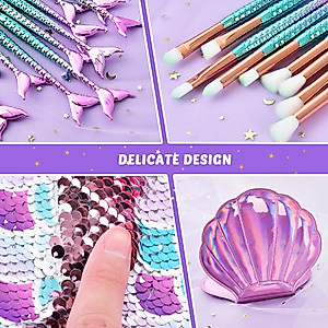 Mermaid Makeup Brush Sets with Cosmtic Bag - 13 PCS Beauty Makeup Tools Eye Shadow Eyeliner Concealer Foundation Blending Blush Brushes Compact Pocket Mirror Sequins Cosmetic Case Bag