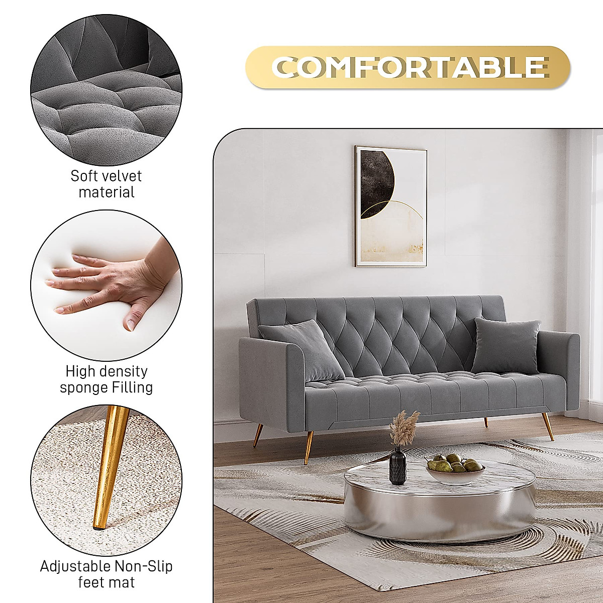 OUYESSIR Velvet Futon Couch Bed, 71 inch Loveseat Convertible Sleeper Sofa with 2 Pillows, Modern Small Futon Couch for Bedroom, Living Room (Grey)