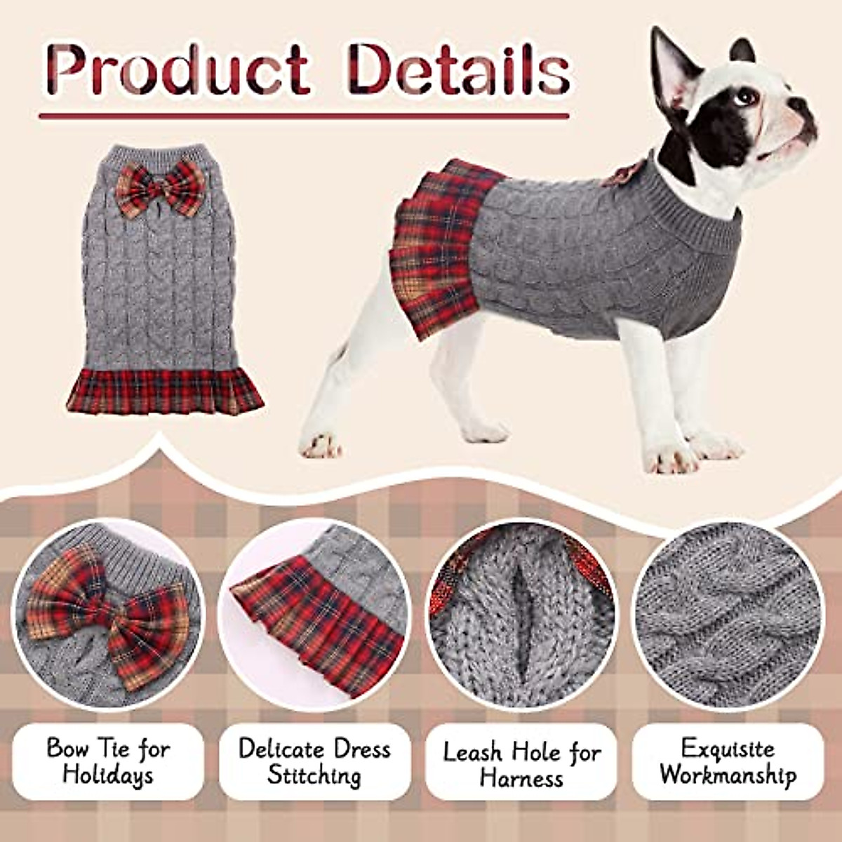 Kuoser Dog Sweater, Dog British Style Sweater Dress Warm Dog Sweaters Knitwear Vest Turtleneck Pullover Dog Coat for Small Medium Dogs Puppies Bulldog for Fall Winter with Leash Hole S