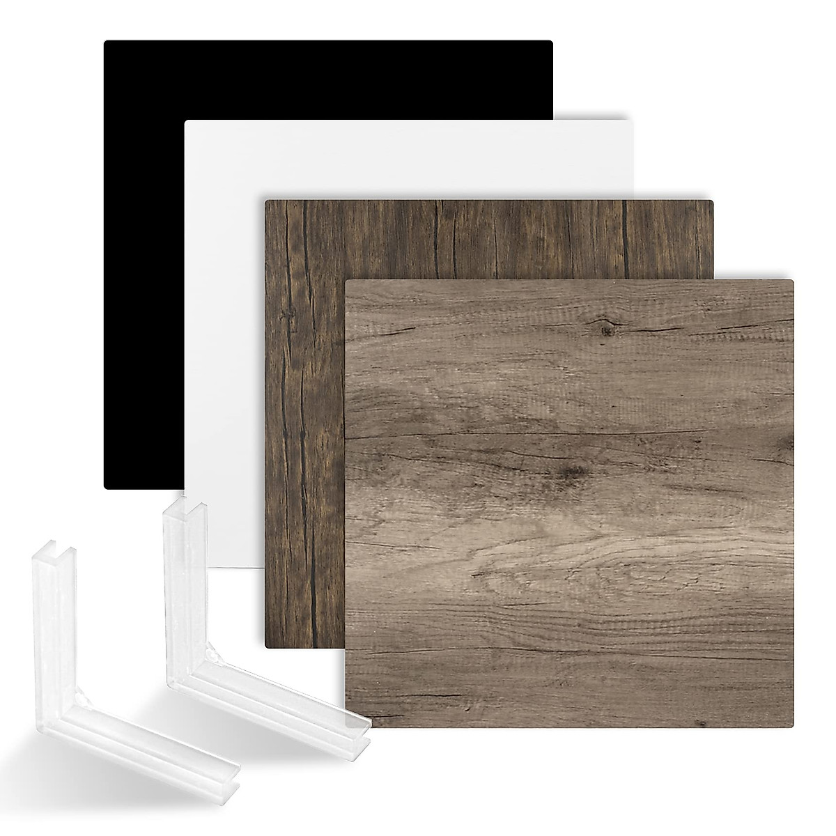 Goshoot 2 PCS Photo Backdrop Boards Kit, 2x2ft Double Sided White Leather Wood Texture Food Backdrops, Flat Lay Photography Backgrounds with 2X Bracket for Jewelry Cosmetics Small Product Props