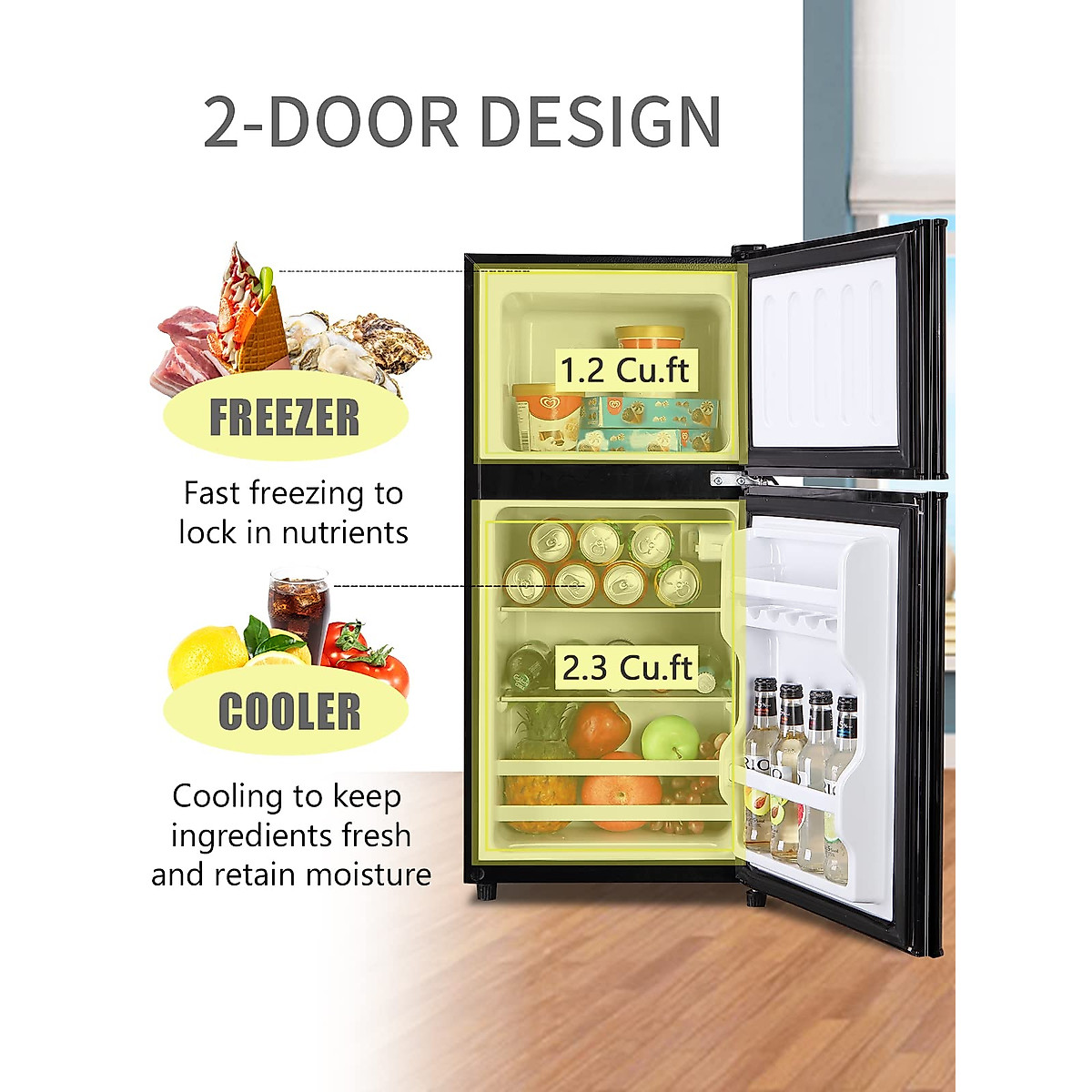 KRIB BLING 3.5 Cu.Ft Compact Refrigerator with Freezer, Retro Fridge, Mini Fridge with Two Door Design, 7 Level Adjustable Thermostat for Dorm, Office, Bedroom, Apartment, Black