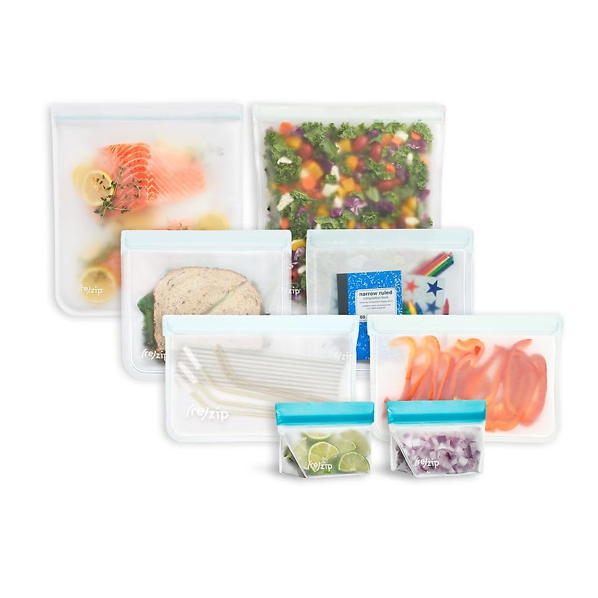 (re) zip 8-piece Reusable Food Storage Bags Gift Kit | BPA-Free, Food Grade, Leakproof, Freezer and Dishwasher Safe, Travel-Friendly | Various Bag Sizes
