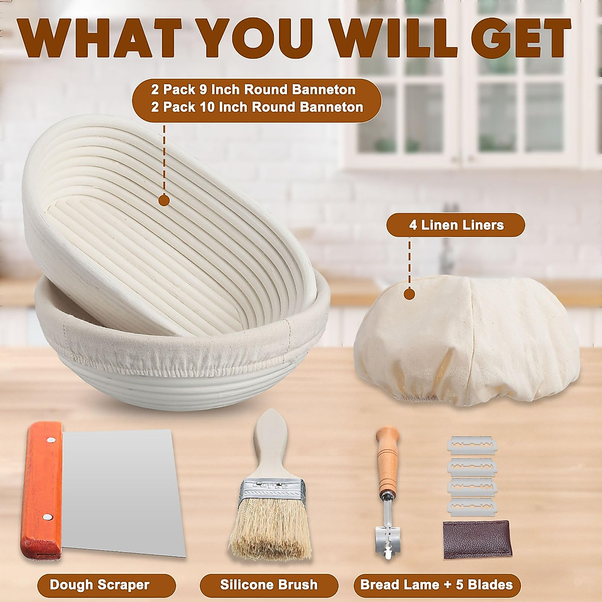 Mifoci 4 Packs Sourdough Proofing Basket Set: Includes 9" Round and 10" Oval Banneton Baskets, Dough Scraper, Bread Scorer, Linen Liner, and Basting Brush for Professional Bread Baking