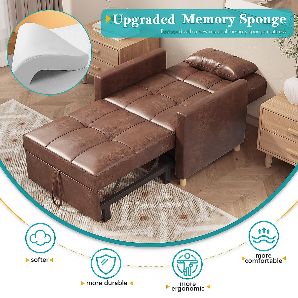 YODOLLA Sleeper Chair, 3 in 1 Chair Bed Sleeper for Adults, Fold Out Sofa Cama with Pillow and Convertible Backrest, Multi-Functional Reading Chair Couch Loveseat for Small Space, Saddle Brown