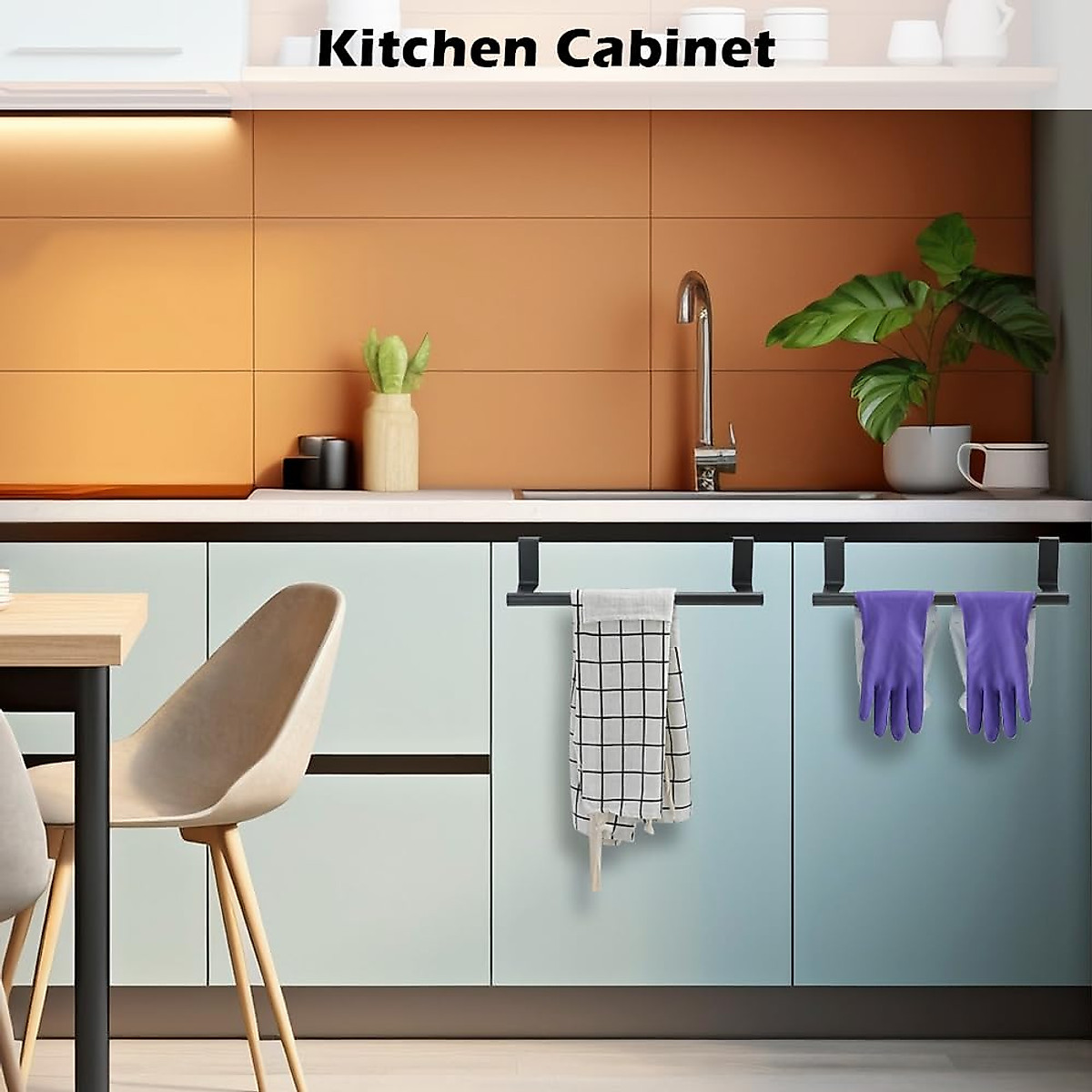 4PCS Cabinet Door Towel Bar, 9 Inch Long Dishwashing Towel Rack, Stainless Steel Towel Holder, Over The Door Hand Towel Hanger for Kitchen Bathroom Cupboard (Black)