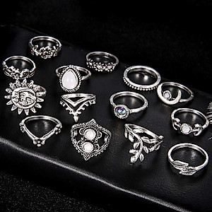 SEniutarm Engagement Love Rings Wedding Bands 14Pcs Vintage Sunflower Moon Finger Midi Knuckle Rings Set Women Party Jewelry for Women/Girl Finger Rings DIY Jewelry Gifts - Silver