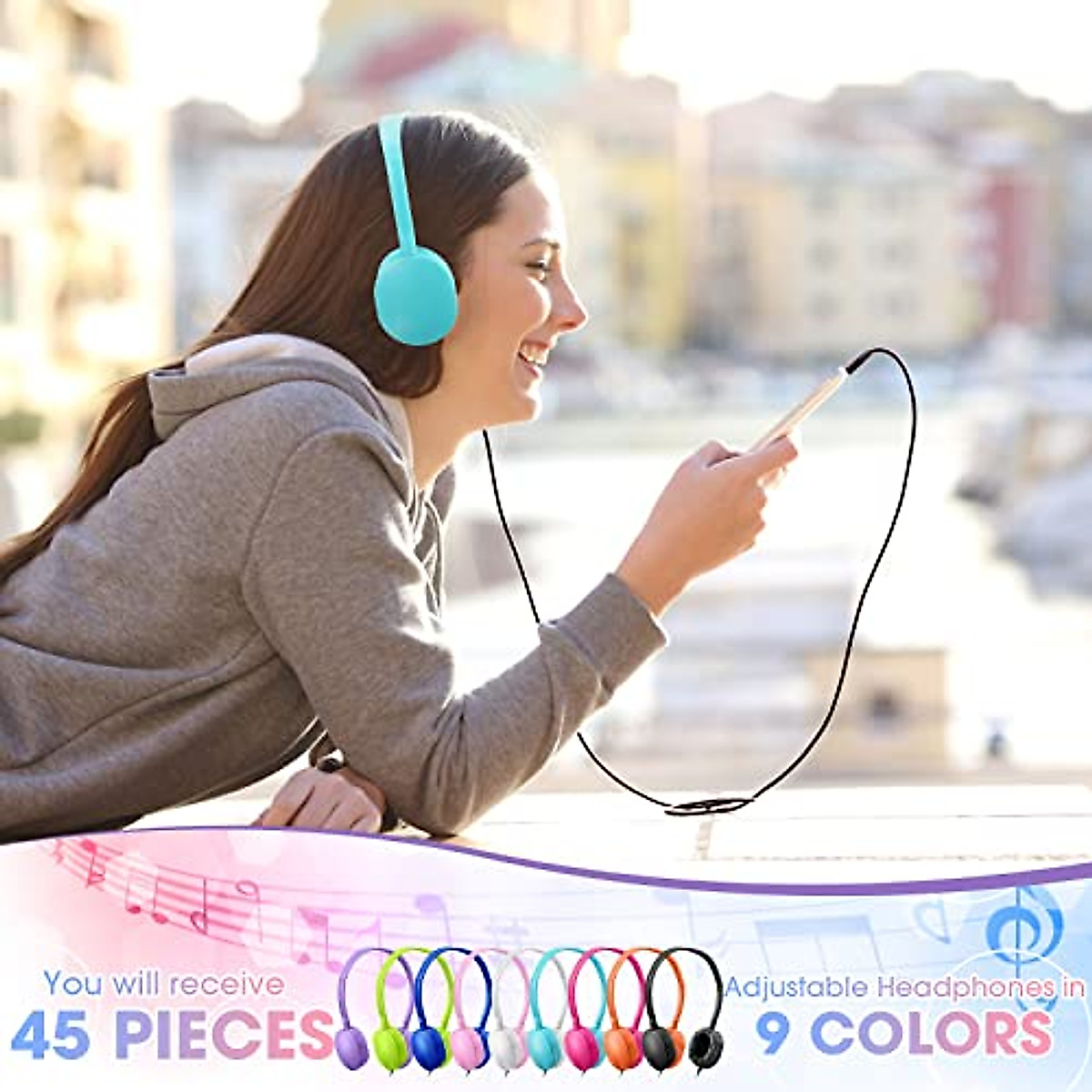 Bulk Headphone Earphones 45 Pack Multi Colored for School Headphones with 3.5 mm Headphone Plug for School Classroom Library Students Kids Children Teen and Adults, 9 Colors