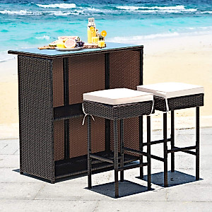 DORTALA 3 Pieces Rattan Patio Bar Table & Stool Set, Patio Furniture Set for Lawn Pool BackyardFront Porch, Dining Set w/Cushion, Beige