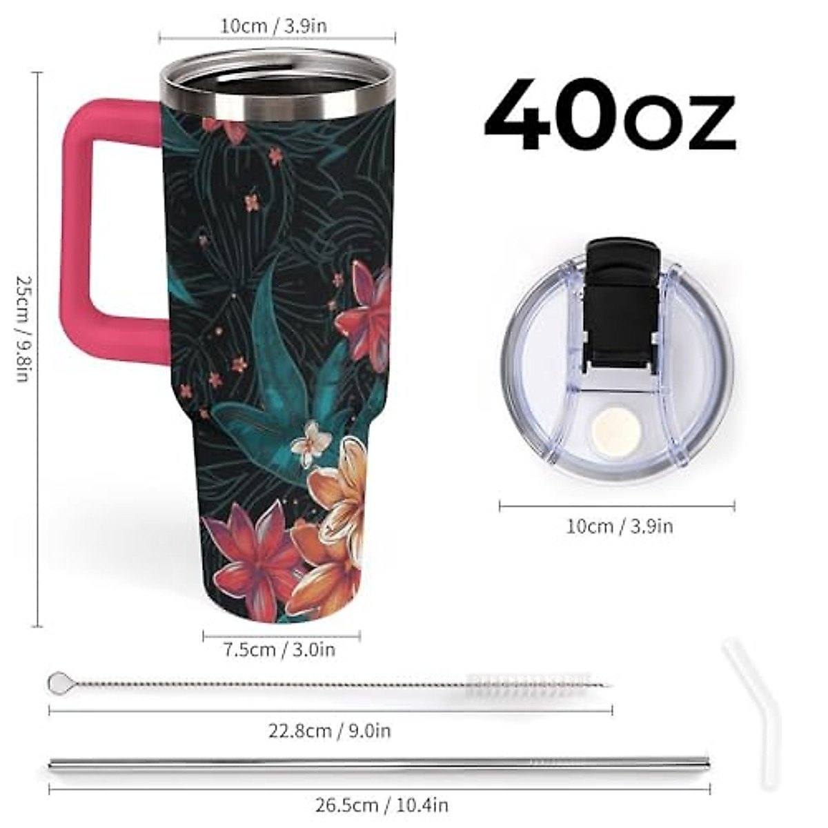40 Oz Vacuum Tumbler with Light Rose Red Handle Leakproof Insulated Tumbler Surfboard And Flowers Stainless Steel Travel Mug with Lid And Straw Coffee Cup Cute Water Bottles Cup Holder Friendly