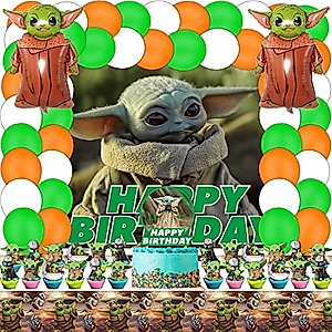 Baby Inspired Yoda Birthday Party Supplies, Party Decorations Including Foil Balloons, Latex Balloons, Cake Toppers, Backdrop and Tablecloth for Kids Baby Inspired Yoda Party Decorations