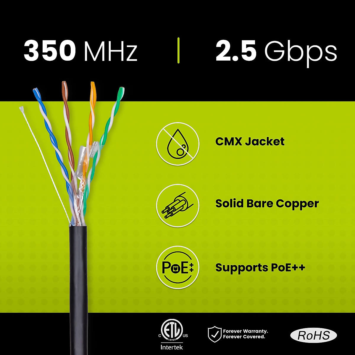 trueCABLE Cat5e Outdoor, Unshielded UTP, 1000ft, UV Resistant, CMX Rated, Black, 24AWG Solid Bare Copper, 350MHz, PoE++ (4PPoE), ETL Listed, Bulk Ethernet Cable