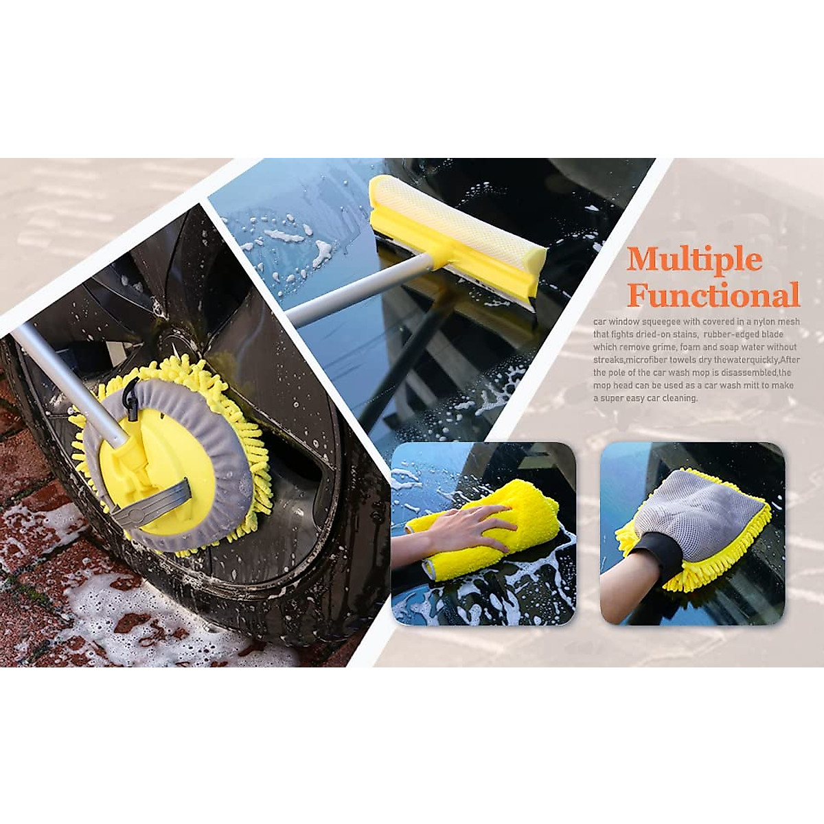 KeFanta 60" Brush with Long Handle Wash Mop Washing Mitt Sponge Squeegee Microfiber Towels Accessories Kit for floor Boat cleaning