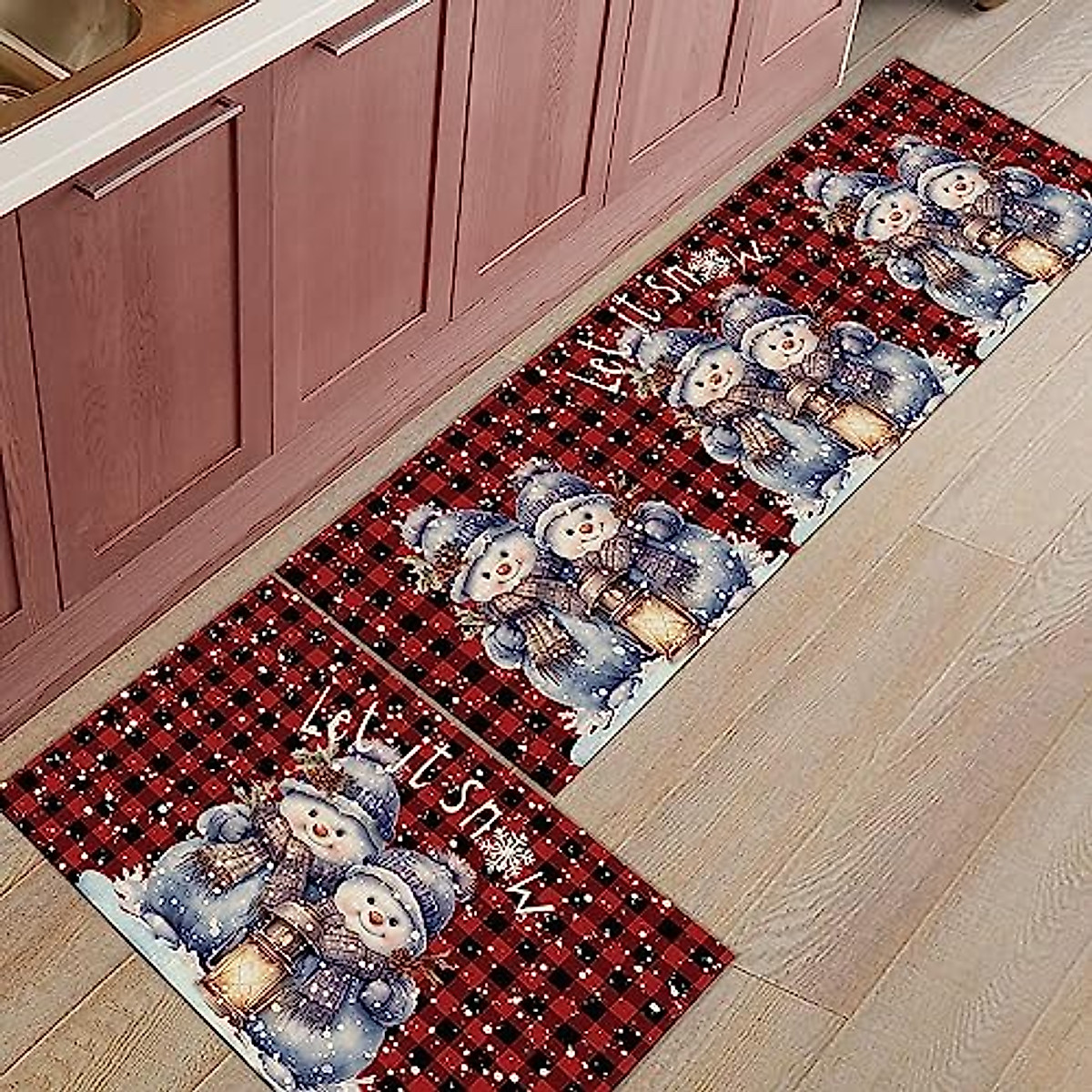 Christmas 2Pcs Kitchen Rugs, Anti Fatigue Kitchen Mat Non Slip Rug Runner Comfort Standing Floor Mats Kitchen Carpet Set for Sink, Laundry - Christmas Cartoon Snowman Red Black Plaid