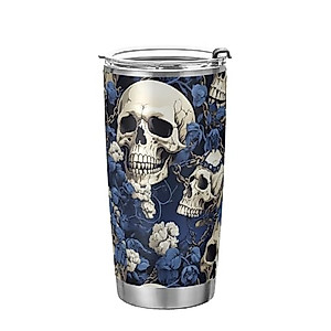 HXshaoye blue flowers skulls hippie Stainless Steel coffee cups with lids with Lid and Straw mug for hot drinks for coffee reusable 20oz coffee tumbler termos para gym 20oz