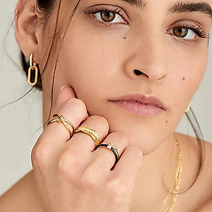 Aobei Pearl 18K Gold Plated Irregular Wave Open Ring for Women Minimalist Band Ring Adjustable Knuckle Finger Jewelry