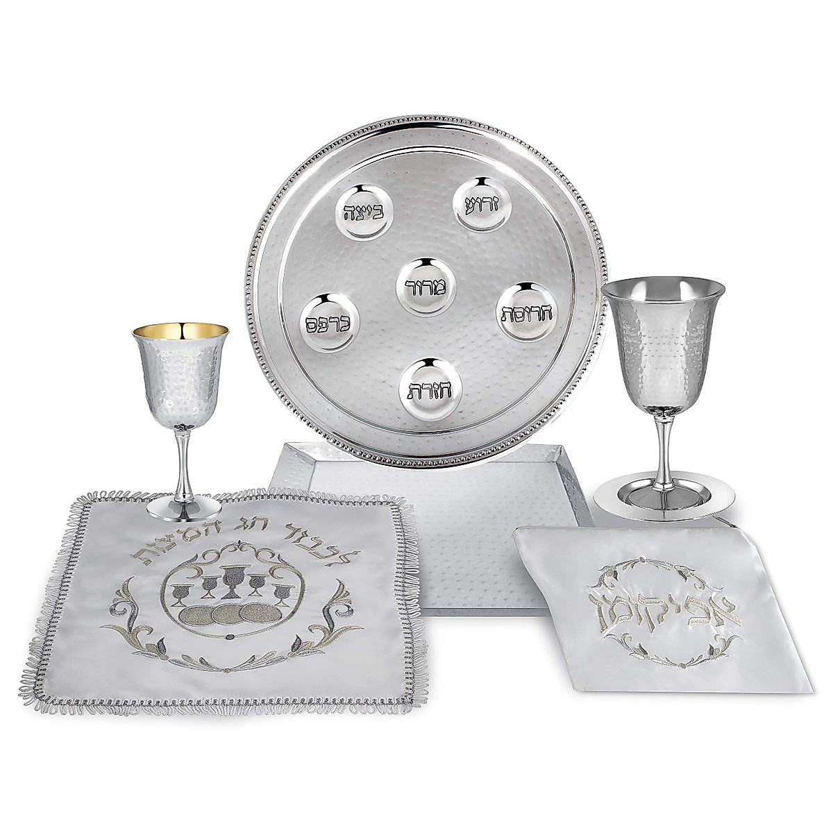 Passover Seder Complete Set Hammered Vienna Collection - Includes Seder Plate, Matzah Tray, Elijah Cup with Saucer, Kiddush Cup, Square Matzo Cover & Afikoman Bag Passover decorations By Zion Judaica
